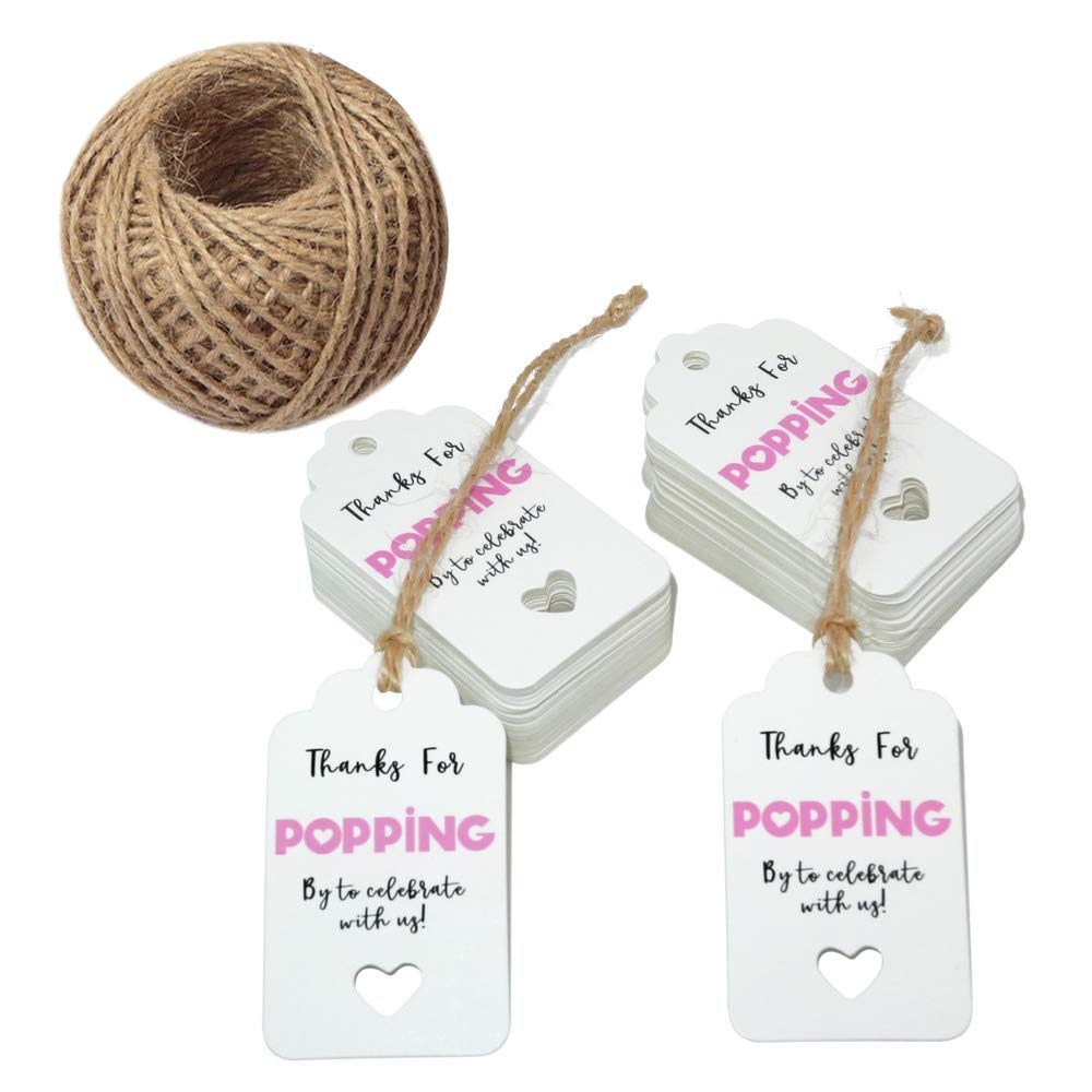 Gift Tags Thanks for Popping by to Celebrating with Us,100Pcs Paper Hang Tag for Wedding,Baby Shower Party Favors with 100 Feet Jute Twine (Rose Pink)