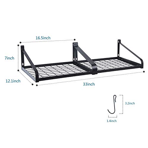 Love-KANKEI Pot Rack Wall Mounted Set of 2 Pan Pot Organizer Wall Shelves with 16 Hooks for Kitchen Cookware Utensils Organization Black