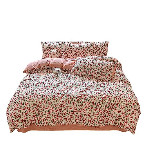 Cherry Duvet Cover Set, 100% Cotton Pure Cotton Printing,Home Standard Four-piece Bedding Set Decorative, Deep Pocket, Warm, Super Soft, Breathable Sheets with 2 Pillow Shams, Red ( Size : A1.8m4pcs )