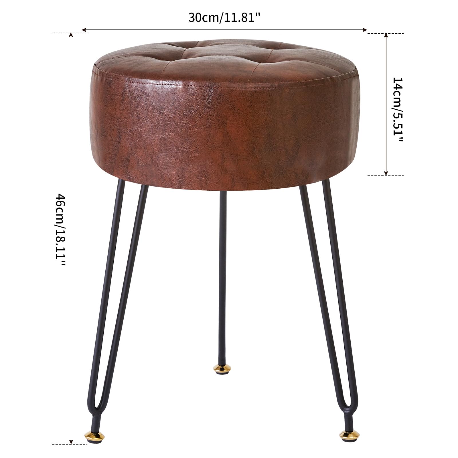 IBUYKE Faux Leather Round Footrest Stool, Makeup Vanity Stool Side Table, PU Dressing Table Seat, Pouf Couch Stool, Golden Steel Legs, Black LG-31B