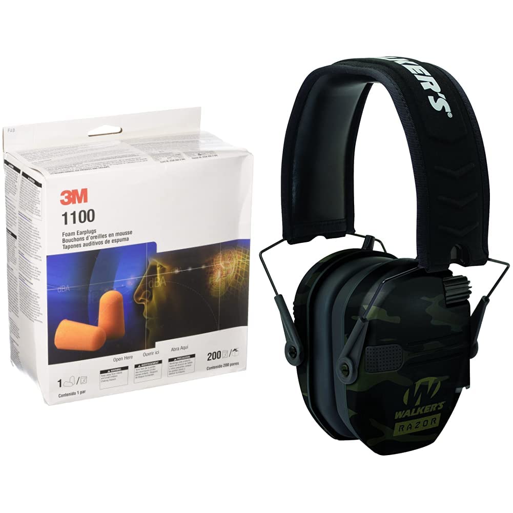 3M 1100 Foam Ear Plugs, 200-Pair , Orange & Walker's Game Ear GWP-RSEM-MCCG Gear Hearing Muff Multi Cam Black