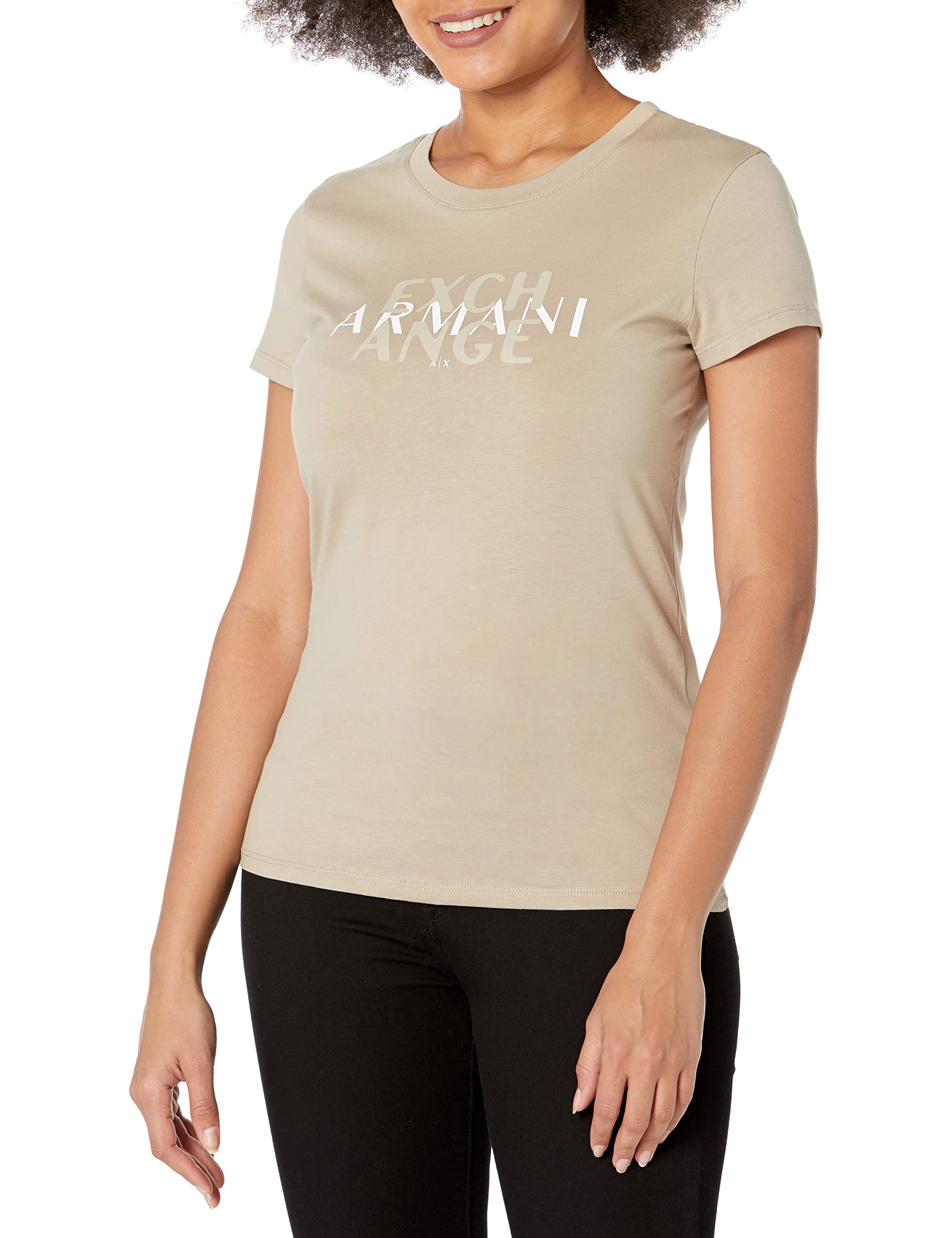 A | X ARMANI EXCHANGE Women's Slim Fit Crew Neck Armani Exchange Color Blocked Logo T-Shirt, Dune, Small