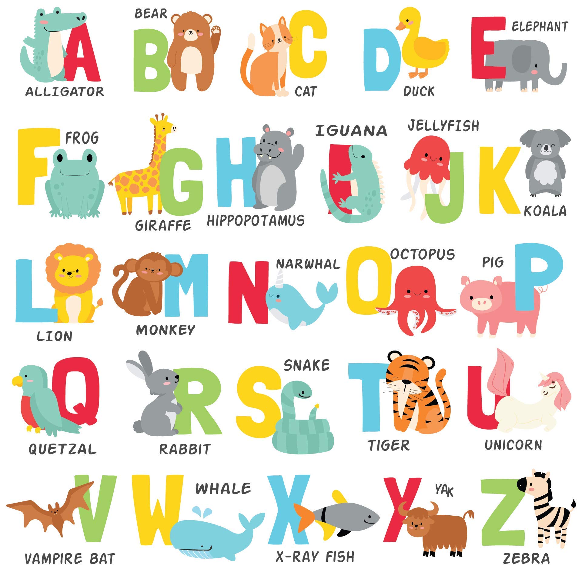 Mienno Alphabet Wall Decals, Animal Alphabet Wall Stickers for Kids Room, Nursery Room, Classroom, Removable Vinyl Animal Alphabet Stickers Decals