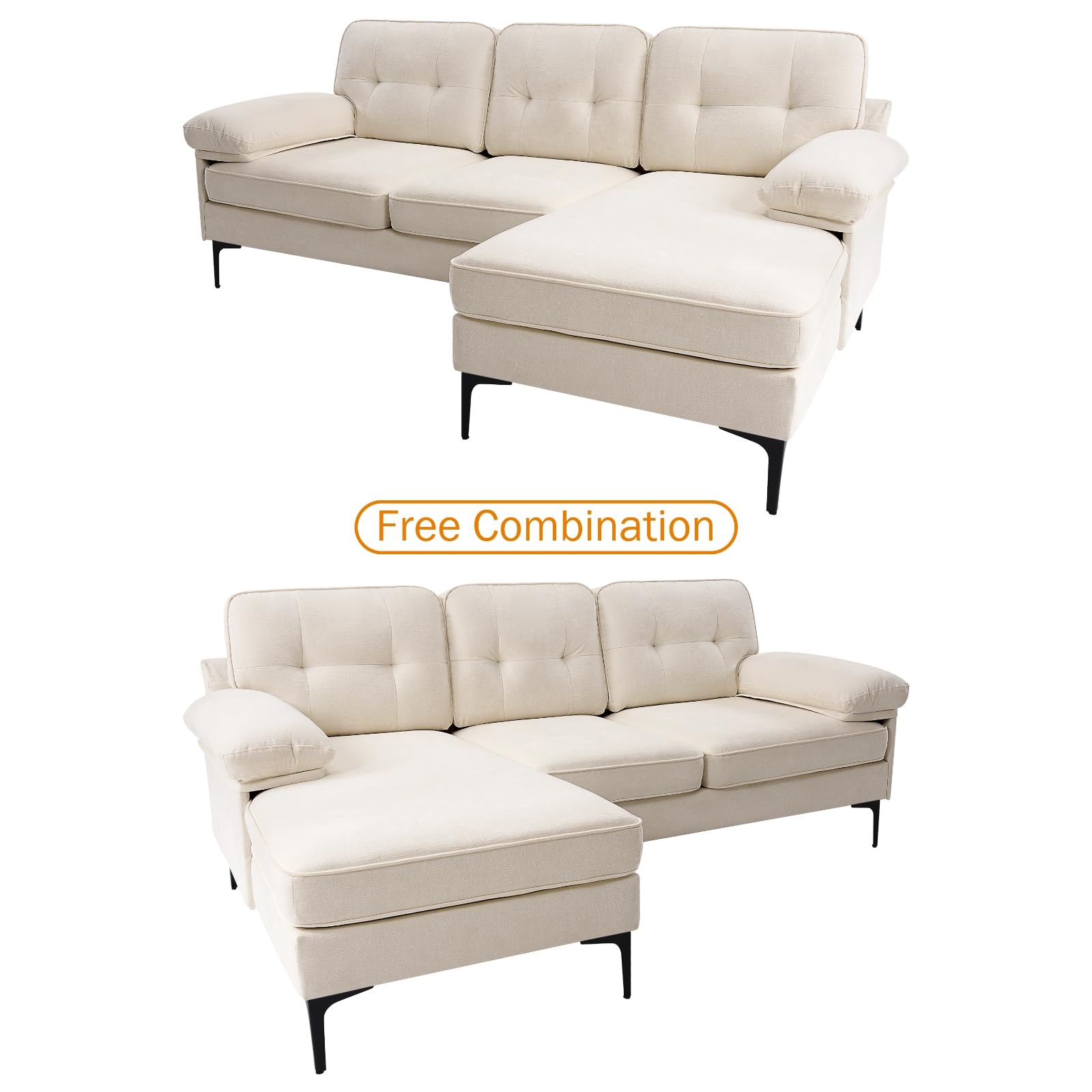 AJABEST 83" Chenille L-Shaped Modular Sofa,Convertible Sectional Upholstered 3 Seater Small Cloud Couch for Living Room with Reversible Chaise Lounge,White