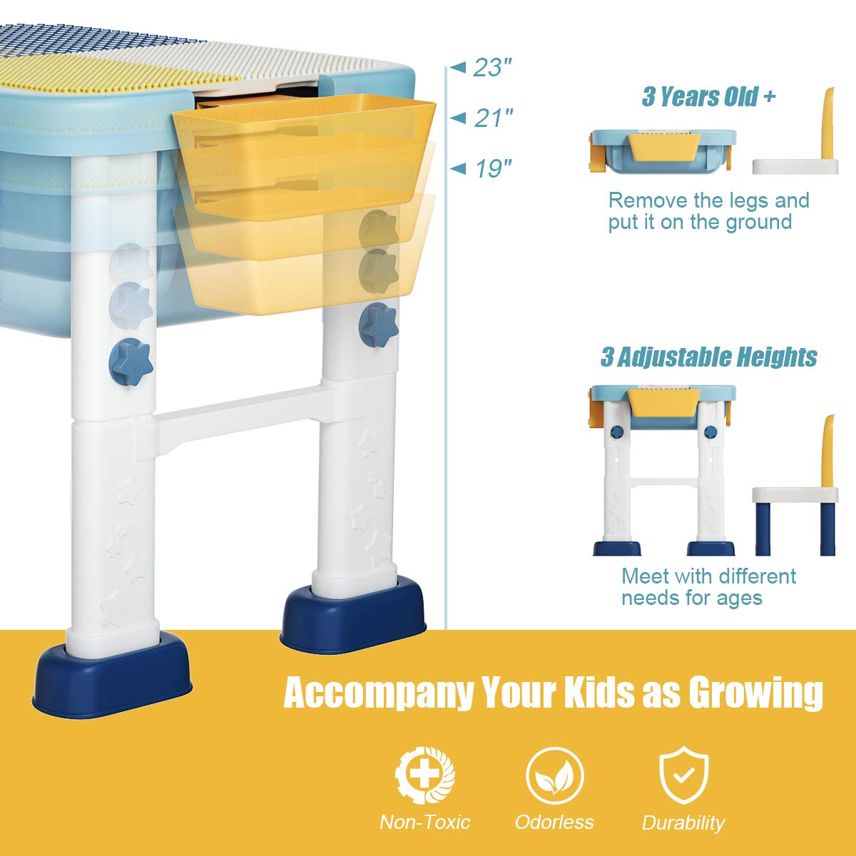 HONEY JOY 6-in-1 Kids Activity Table, Large & Small Size Blocks Compatible w/Classic Blocks, Adjustable Height, Water Table & Sand Table & Dry Erase Easel w/Marker, Kids Play Table with Storage