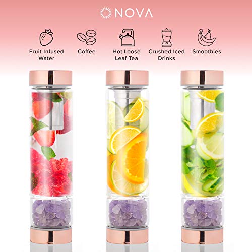 Rose Gold Crystal Elixir Infused Clear Motivational Water Bottle + Tea Infuser + Protective Sleeve + Removable Crystals Healing Stones | Witchcraft Supplies Infuser Water Bottle β 15 Oz (Amethyst)
