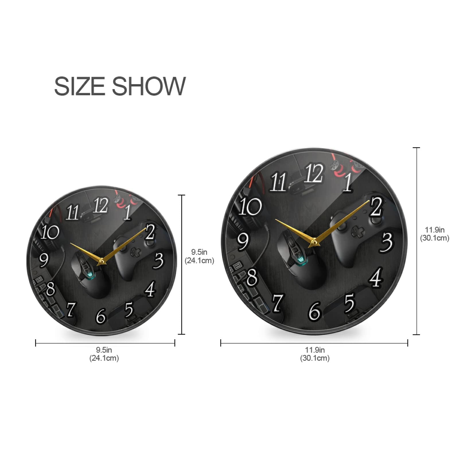 Gamer Work Space Concept Scrapbook Mouse, Keyboard, Joystick, Headset Wall Clock, Silent Non-Ticking Easy to Read Round Decorative Acrylic Wall Clock Art, for Living Room Home Office School 9.5 Inch