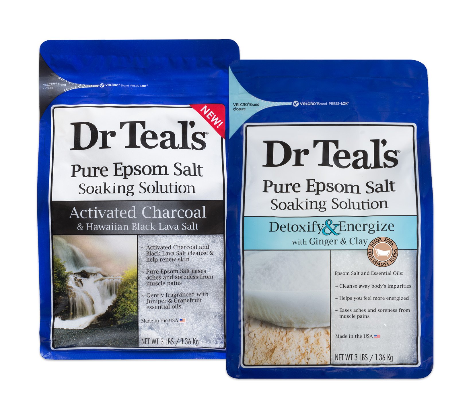 Dr Teal's Epsom Salt Magnesium Soaks, Detoxify & Energize and Activated Charcoal, 2 Count - 6lbs Total