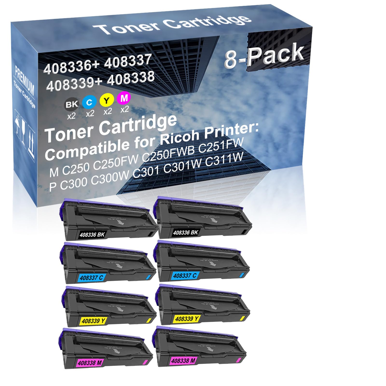 8-Pack (2BK+2C+2Y+2M) Compatible High Yield 408336+ 408337+ 408339+ 408338 Laser Printer Toner Cartridge Used for Ricoh P C300 C300W C301 C301W C311W Printer