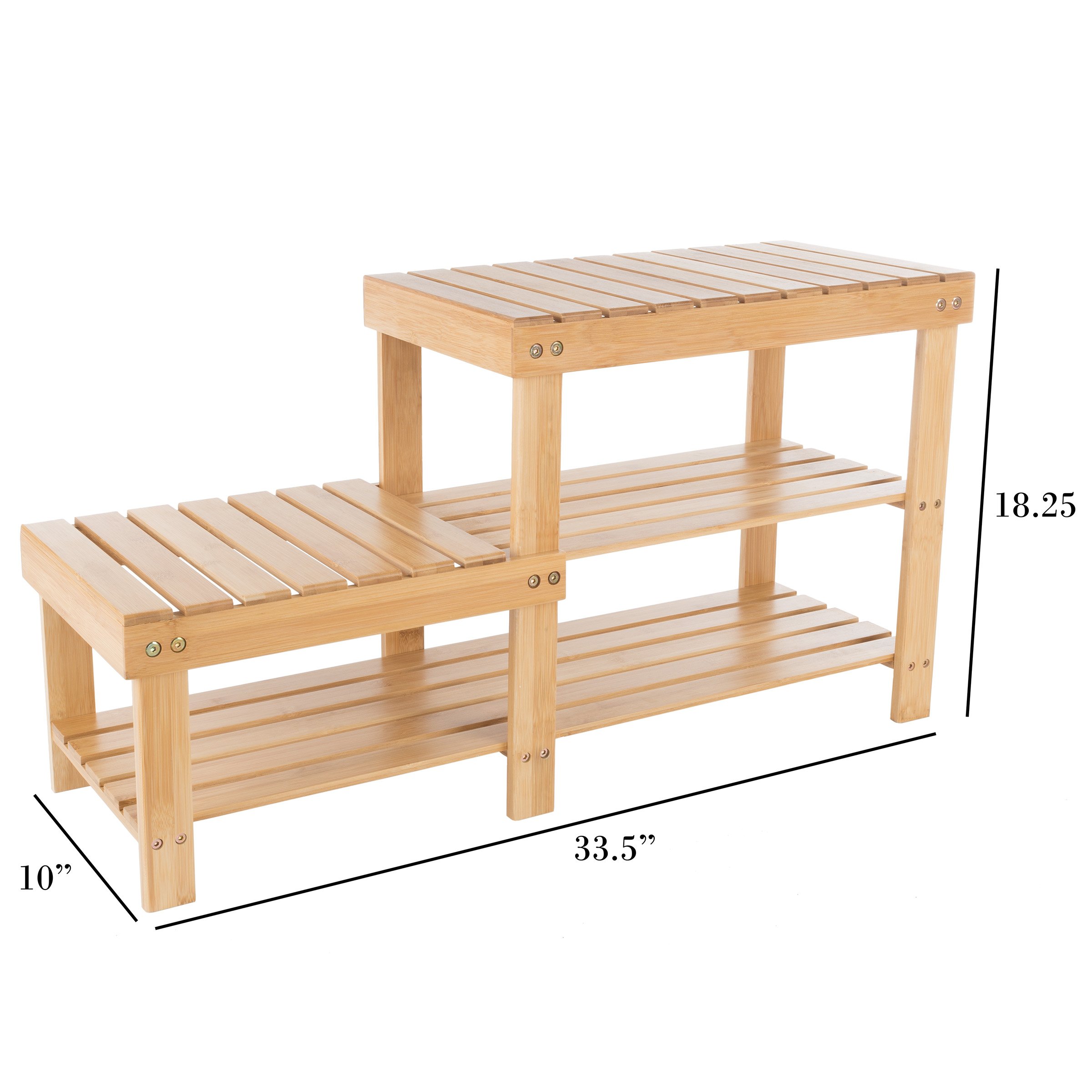 Lavish Home Bamboo Shoe Rack Bench with 2 Tiers of Shelves and 2 Seat Heights-Seat Storage and Organization-For Bedroom, Entryway, Hallway, Closets