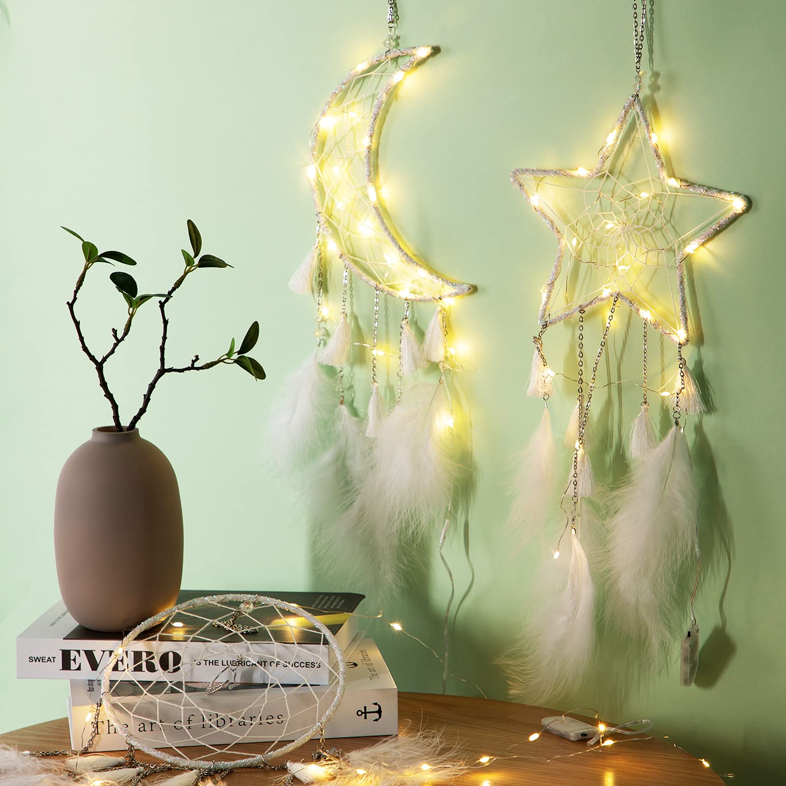 3 Pieces LED Dream Catcher Handmade Chain Dream Catcher Moon Sun Star Bohemian Design Home Decor for Wall Hanging Home Decoration