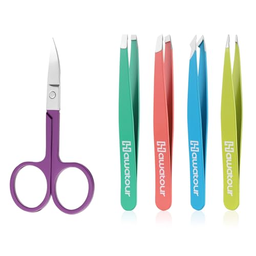 HAWATOUR Eyebrow Tweezers Set, 4Pcs Tweezers and a Pair of Scissor, Great Precision for Eyebrow Hair, Ingrown Hair, Facial Hair Removal, Multicolored