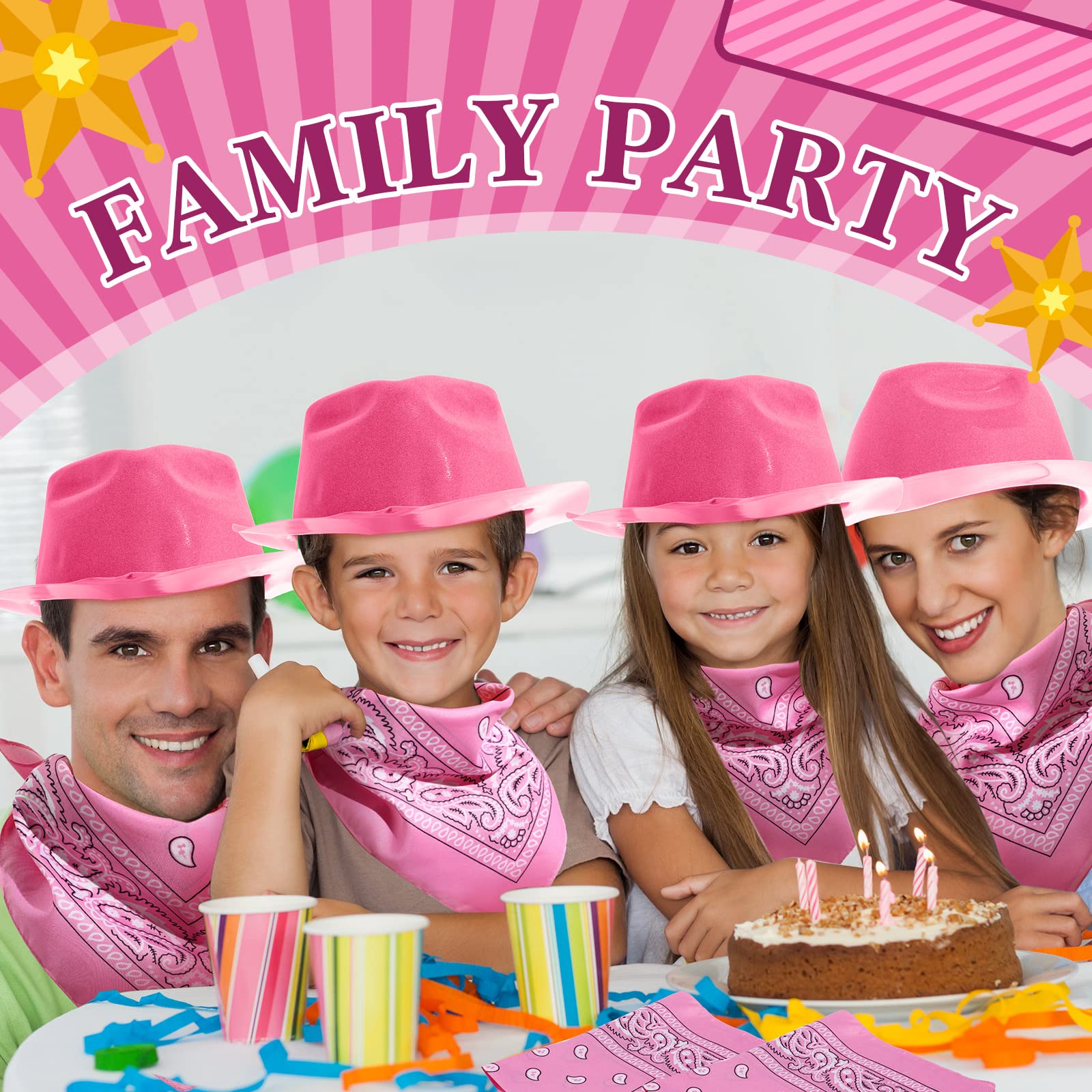 48 Pcs Western Pink Cowboy Party Hat Set with 24 Felt Hats and 24 Paisley Bandanas for Kids Costume
