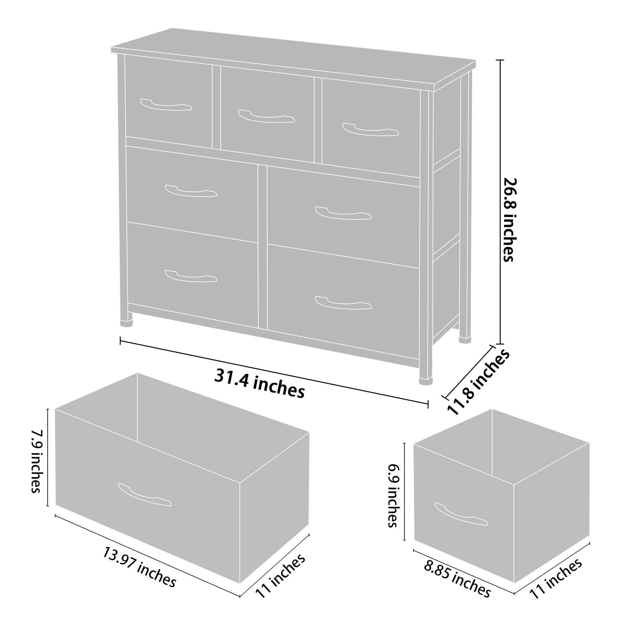 AZL1 Life Concept Storage Organizer 7-Drawer Closet Shelves, Sturdy Steel Frame Marbling Wood Top with Easy Pull Fabric Bins for Clothing, Ivory