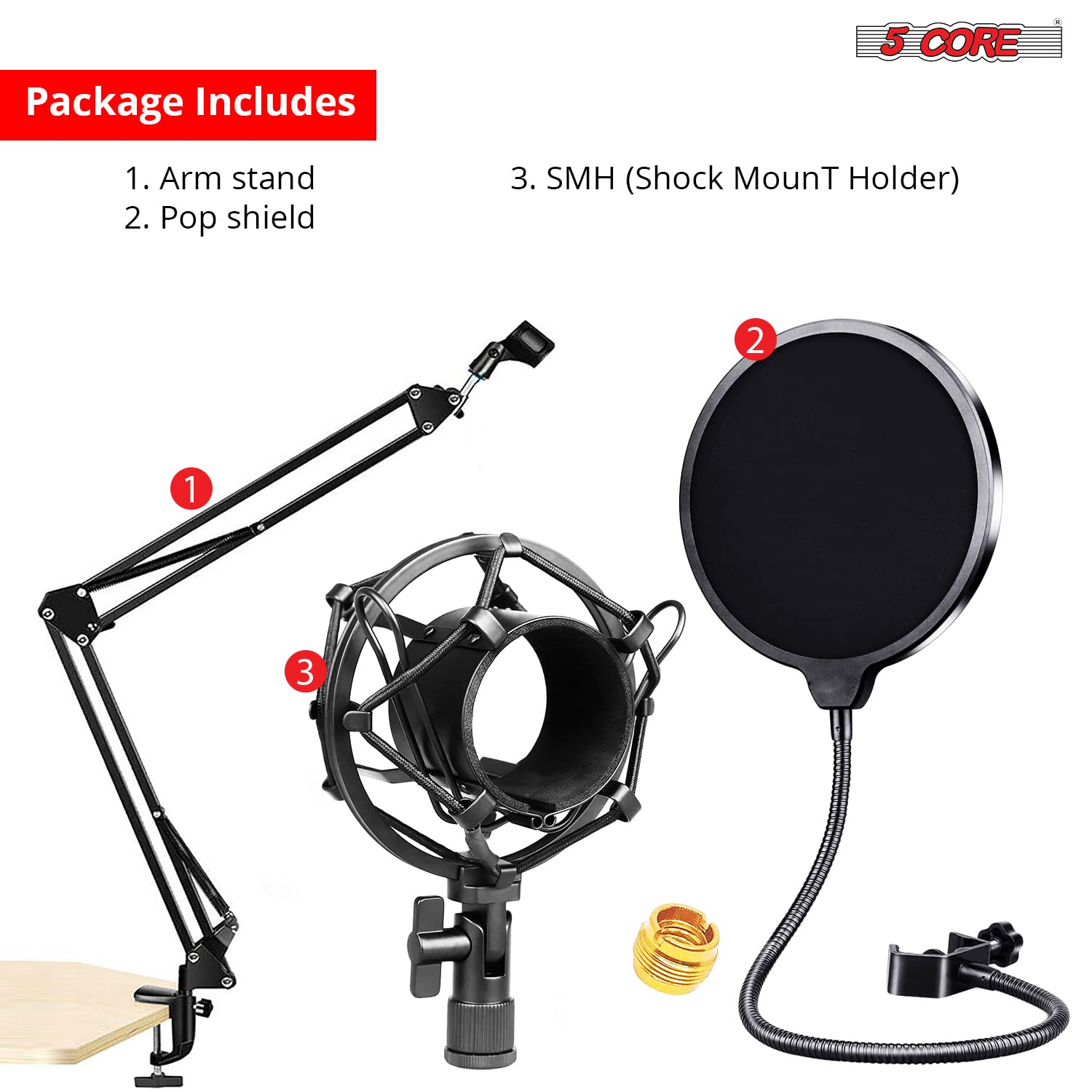 5 Core Mic Arm Adjustable Boom Microphone Stand Desk Mount Heavy Duty Brazo Para Microfono for Condenser Dynamic Mics - MS ARM BLK