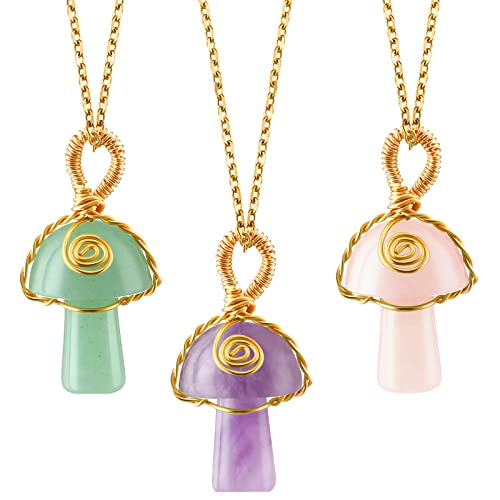 3 pieces Mushroom Gifts Mushroom Crystal Necklace for Women Pink Crystal Green Jade Amethyst Mushroom Jewelrys with Adjustable Link Chain for Wedding Party Gift