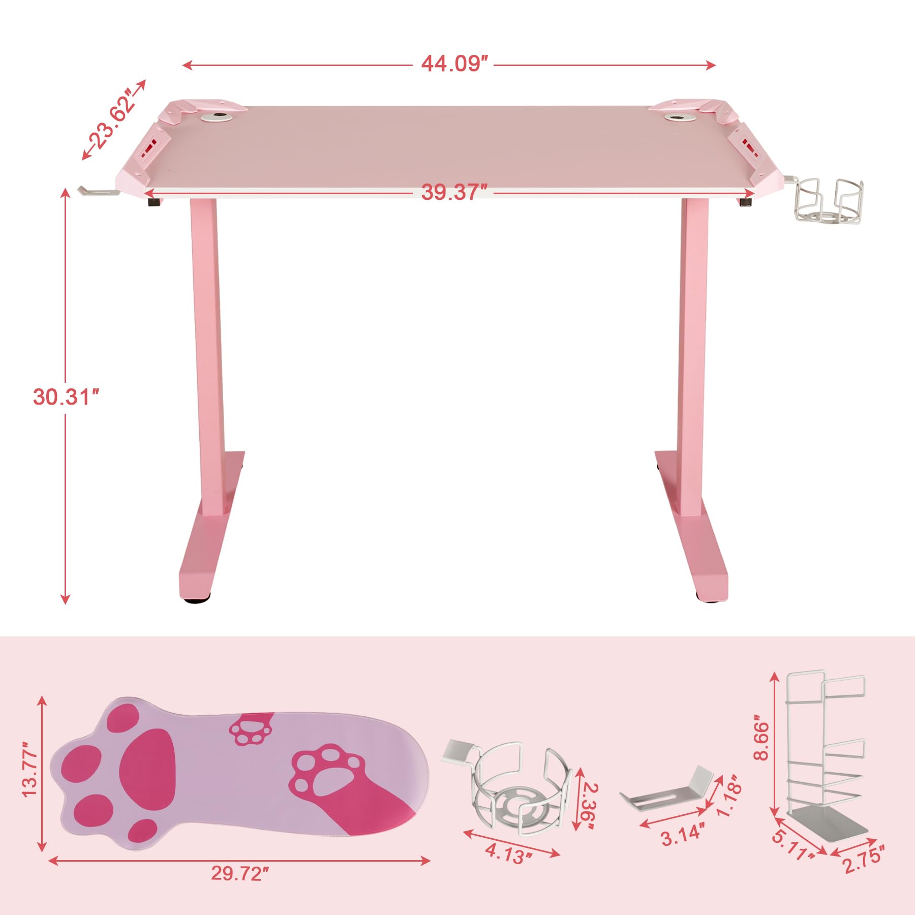 44 Inch T Shaped Gaming Desk, Pink PC Computer Gaming Table Standing Home Office Desk with Mouse Pad & Game Handle Rack, Study Writing Workstation with Outlet Tray Cup Holder Headphone Hook