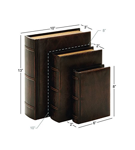 Deco 79 Wood Faux Book Box with Faux Leather Detailing, Set of 3 13", 10", 8"H, Brown