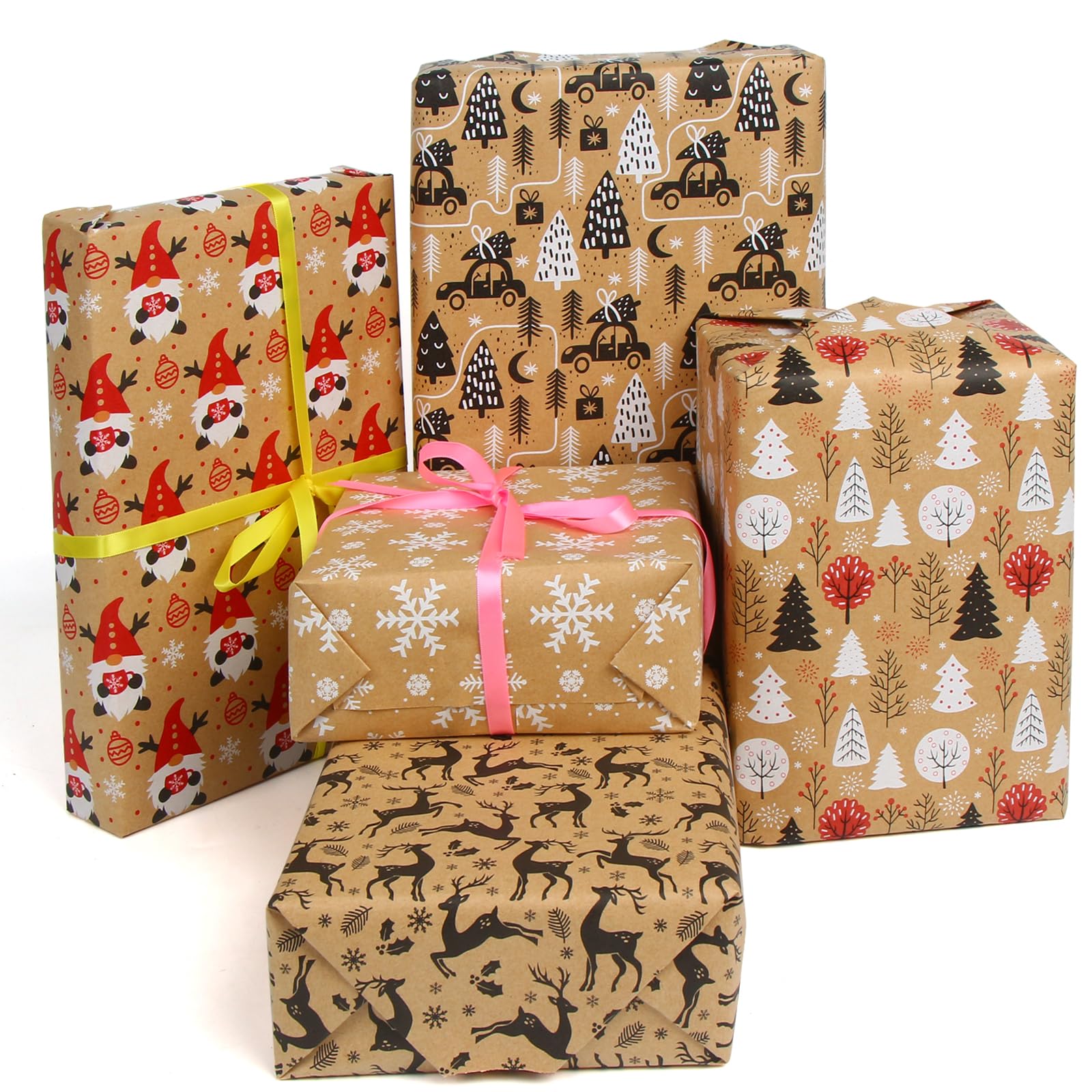 KIMOBER 5 Rolls Christmas Wrapping Paper,Brown Kraft Paper with Xmas Elements and Cut Lines on Reverse(17in × 118in Per Roll)