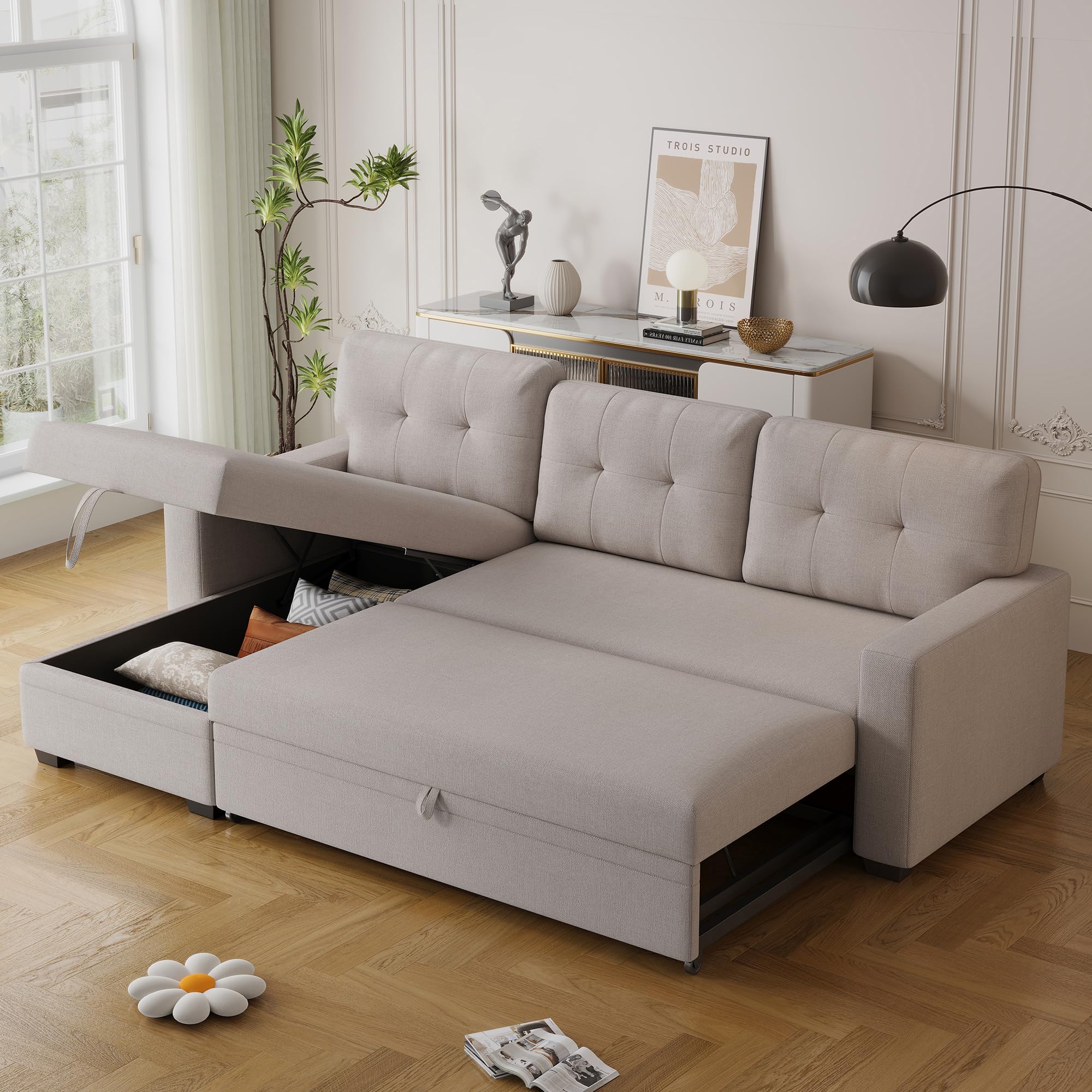 ACQCA 82" L Shaped Sleeper Sofa, Pull Out Couch Bed with Storage Chaise and 3 Tufted Back Cushion for Living Room,Apartment,Office,Beige