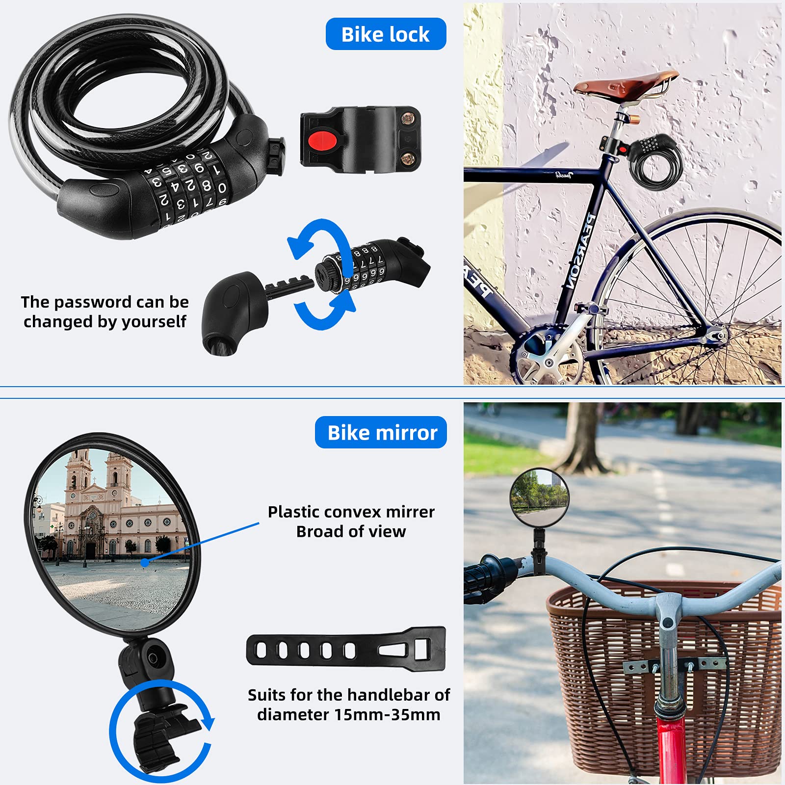 8-Piece Bicycle Accessories, USB Rechargeable Bicycle lamp, Solar headlamp, Bicycle Lock, Bicycle Mobile Phone Rack, Bicycle Water Cup Holder, Bicycle Mirror, Bicycle Bell and air Pump