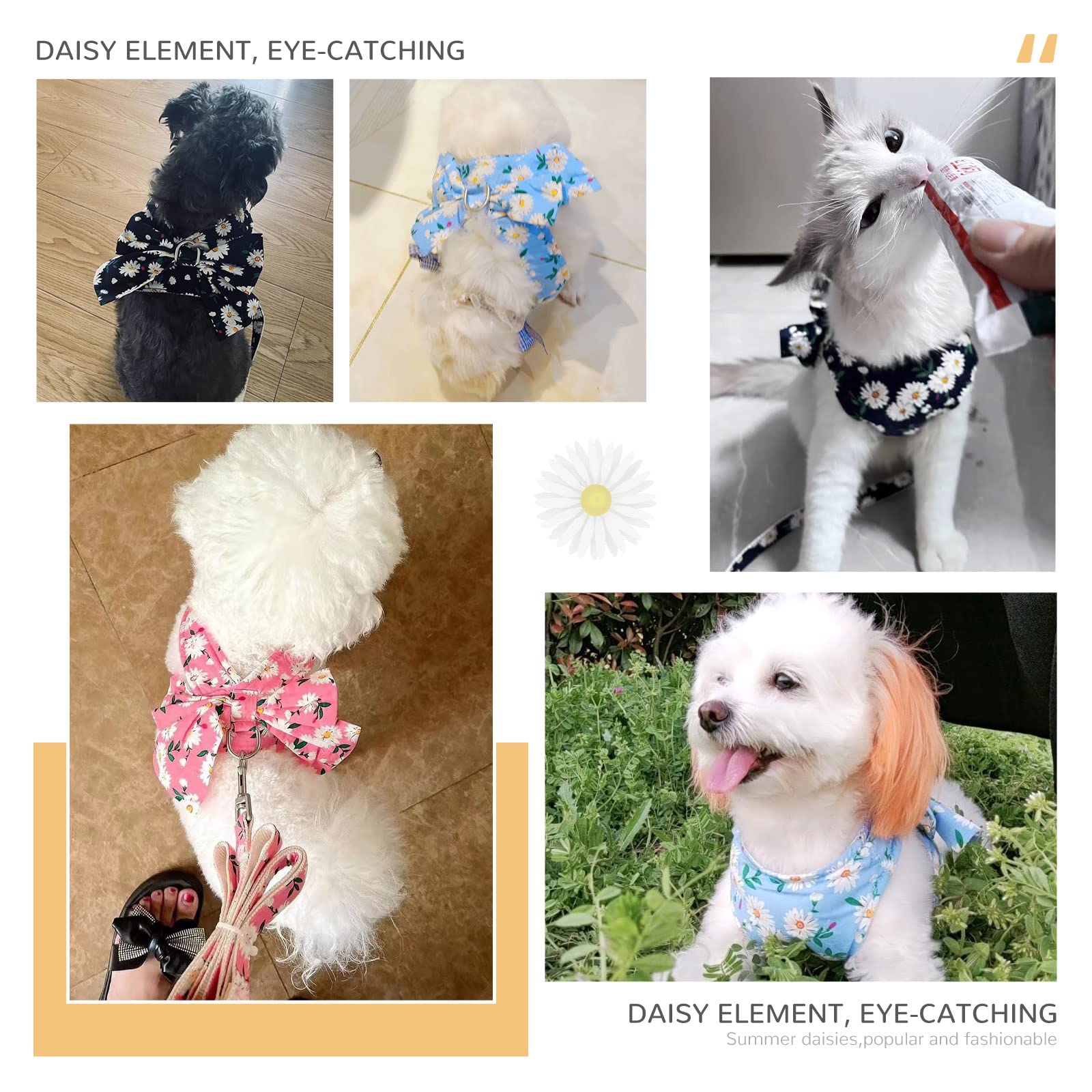BAEJMJK Dog Harness and Leash Set with Bow Knot No Pull Pet Daisy Floral Harness with D-Ring Soft Mesh Dog Harness Vest Set Escape Proof Princess Puppy Harness for Small Girl Dogs Cats(Pink M)