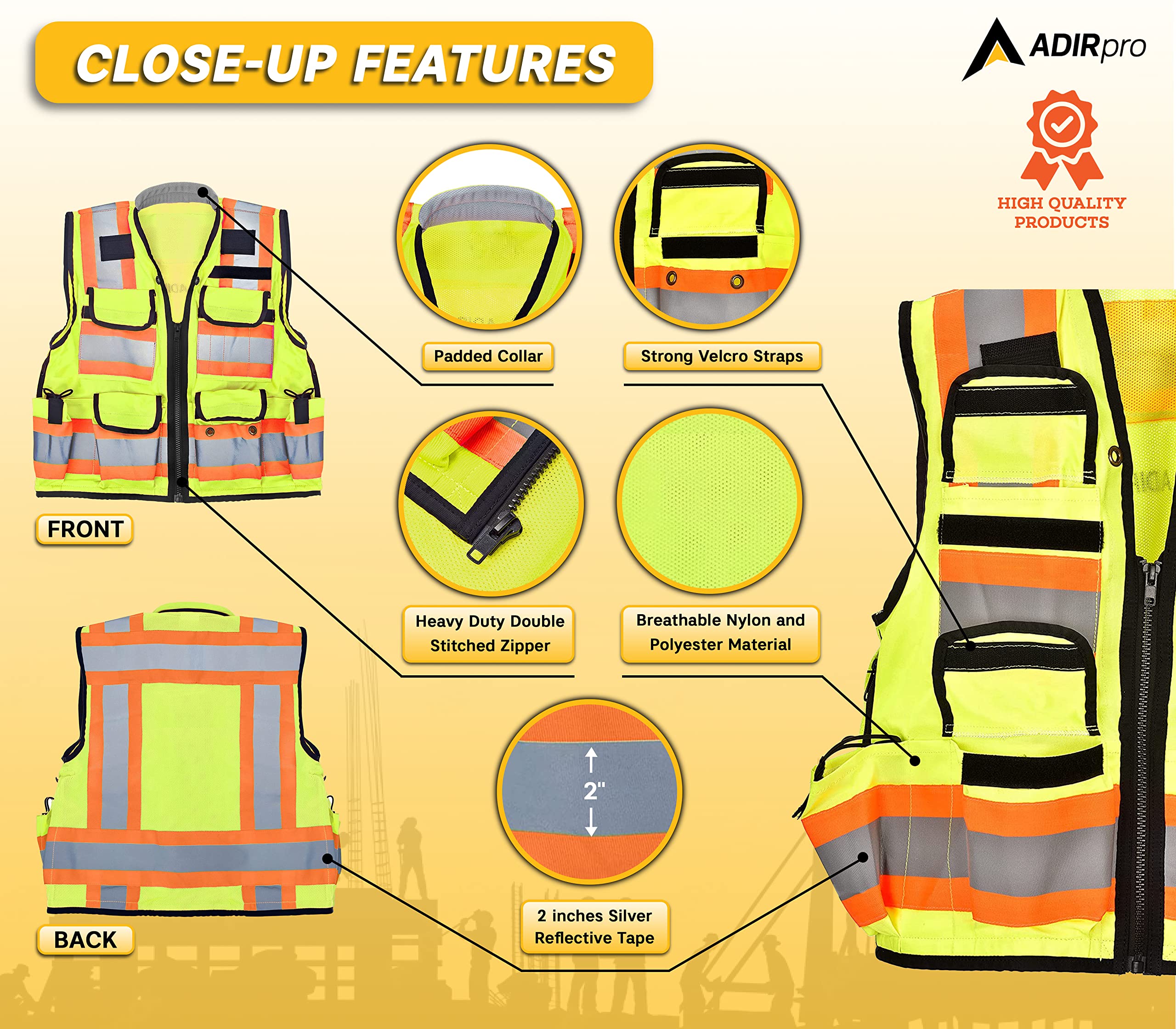 AdirPro Safety Vest - High Visibility Reflective with Zipper and Utility Pockets for Surveyors Engineers Class 2 Construction Workers, Fluorescent Yellow, 10