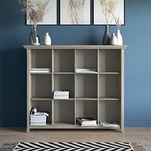 SIMPLIHOME Acadian SOLID WOOD 48 inch x 57 inch Transitional 12 Cube Storage in Distressed Grey with 12 Shelves, for the Living Room, Study and Office