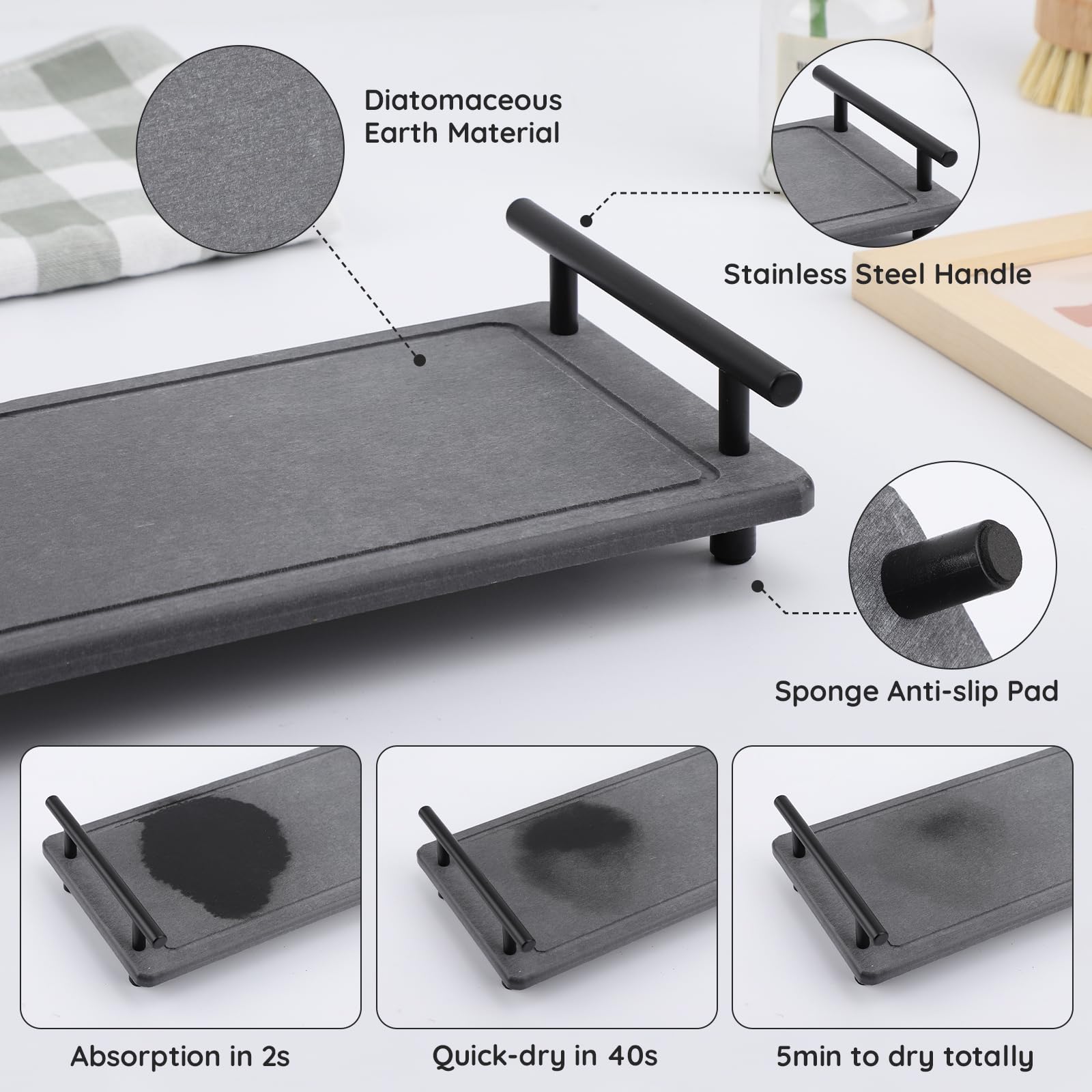 Segbeauty Vanity Tray Large, Instant Stone Drying Tray for Bathroom Kitchen, Diatomaceous Tray Fast Dry Stone Drying Mat for Kitchen Counter Bathroom Counter Tray Soap Organizer Mat with Handle