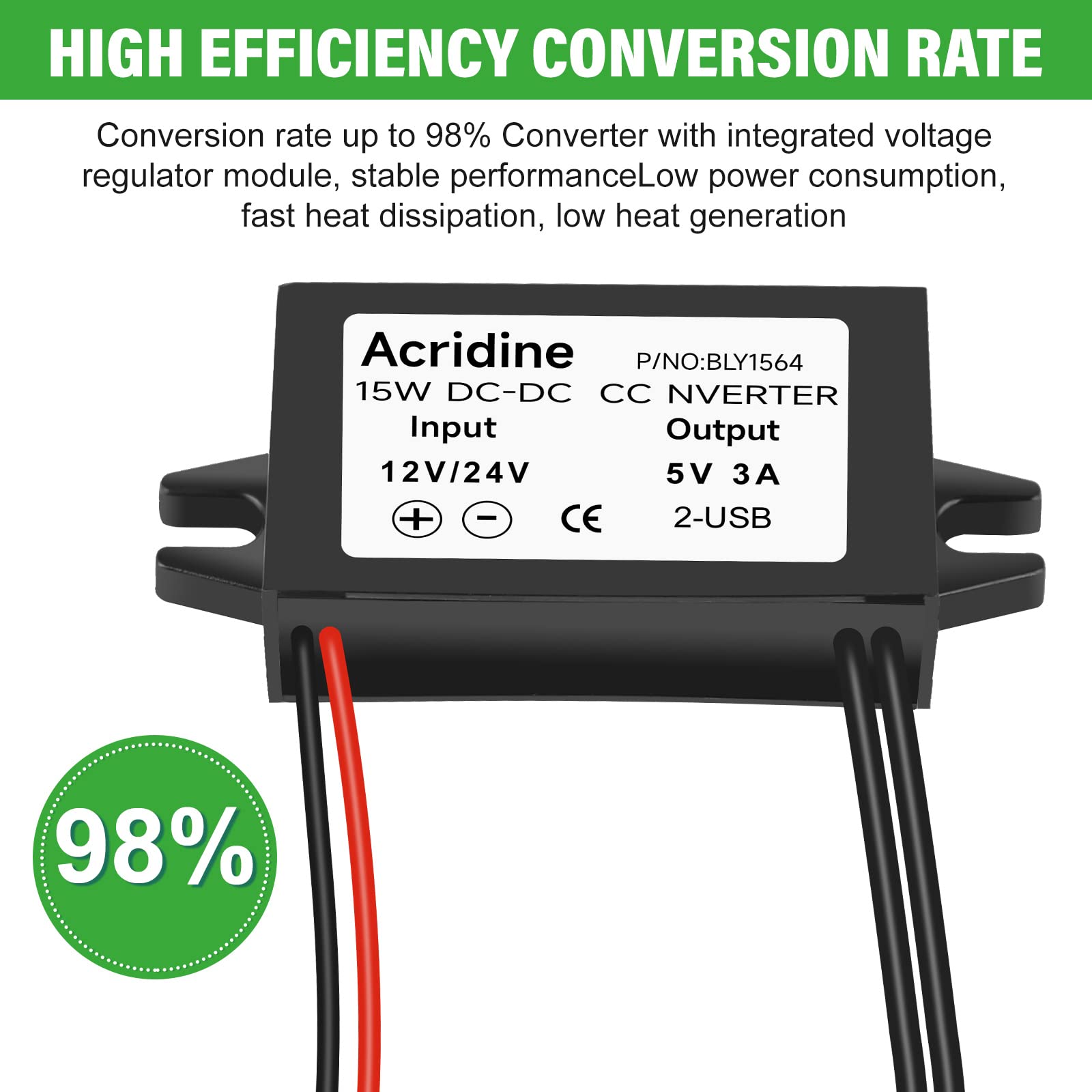 Acridine DC 12V 24V to 5V 3A Dual USB Female DC Converter Buck Charging Module Step-Down Power Adapter