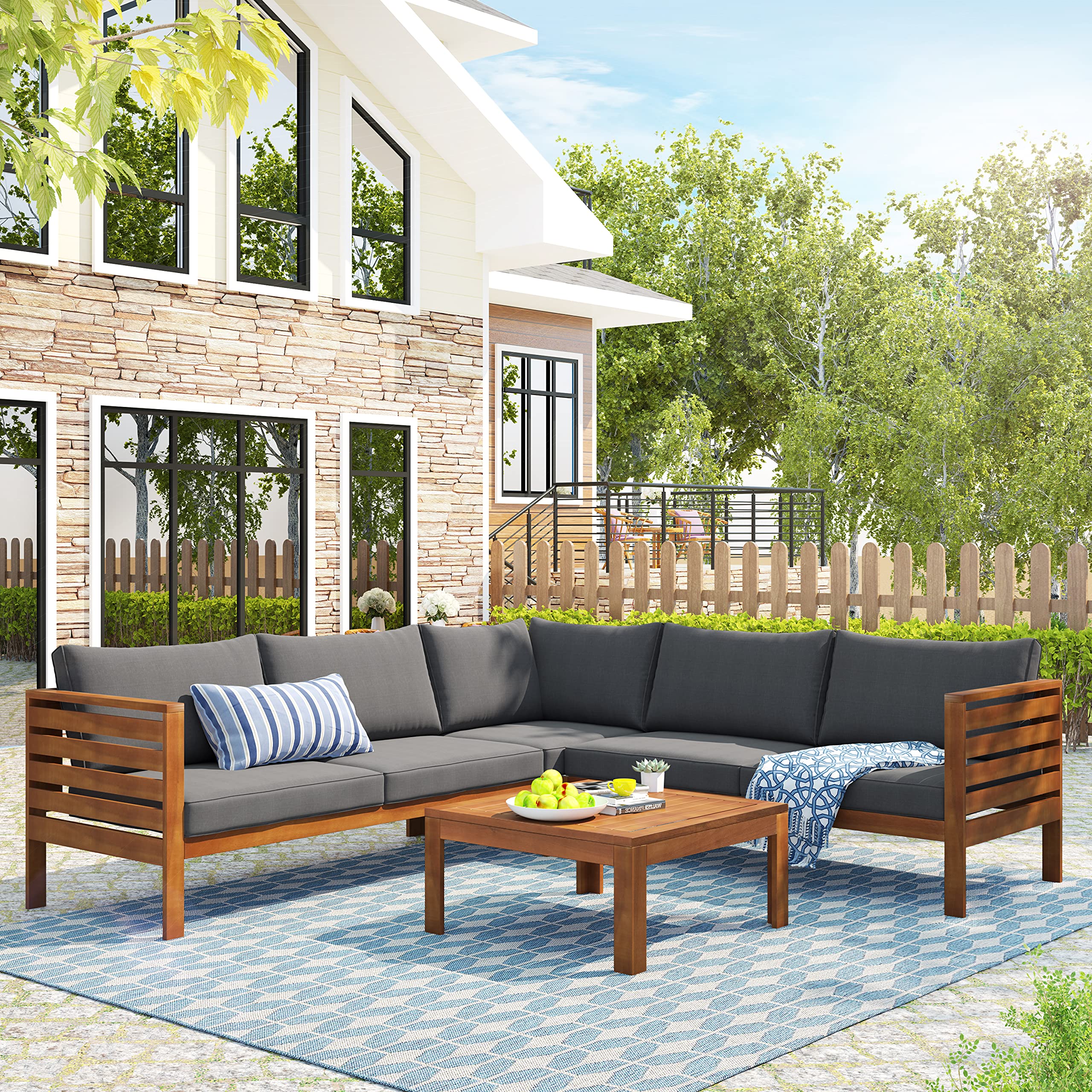 AOCHUANG Eucalyptus Wood 4 Piece Sectional Sofa Set Coffee Table Removable Cushion,Patio Seating Group L Shape Corner Garden Backyard Poolside (Natural Wood+Gray), 58.7inch x 27.6inch 25.1inch(L W H)