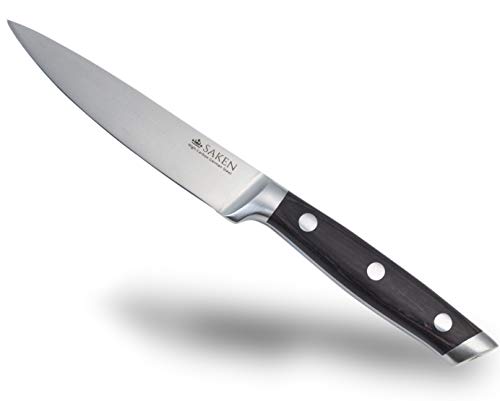 SAKEN 4.5-Inch Paring Knife - High-Carbon German Steel Kitchen Utility Knife with Wooden Handle in Dark Wood Finish - Multipurpose Kitchen Knife Mincing, Slicing, Chopping, and General Cutting Work