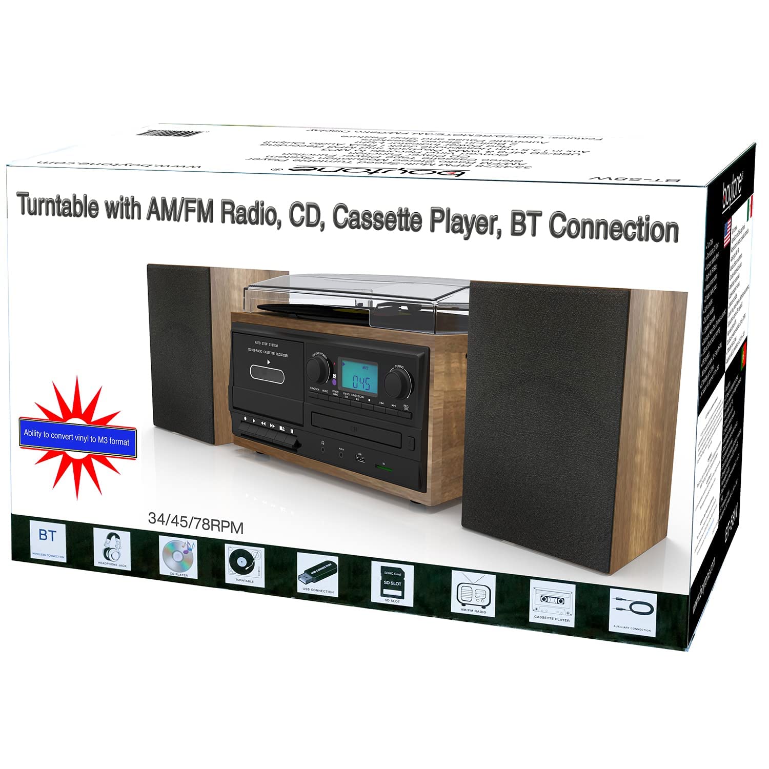 Boytone BT-58W Bluetooth Record Player Turntable with CD Player, Convert LP Vinyl, CD to MP3 Player, Cassette, AM/FM Radio, USB/SD Encoding, Remote Control, Audio Music Player Built in Amplifier