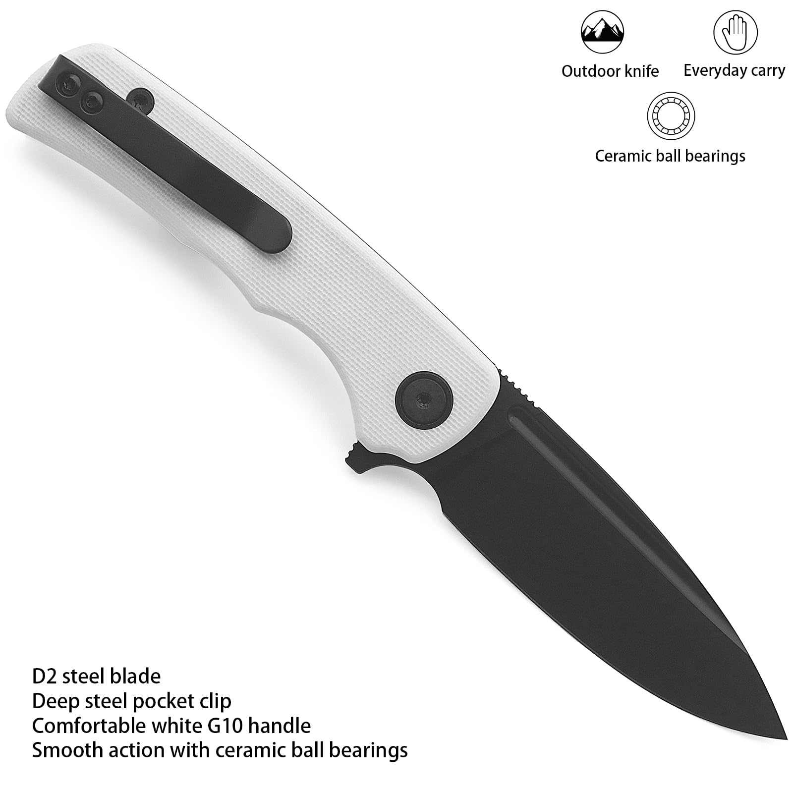 Miguron Knives M Talism Flipper Folding Knife,3.01" Black PVD D2 Blade White G10 Handle With Deep pocket Clip,Camping Hiking Pocket Knife MGR-810WH
