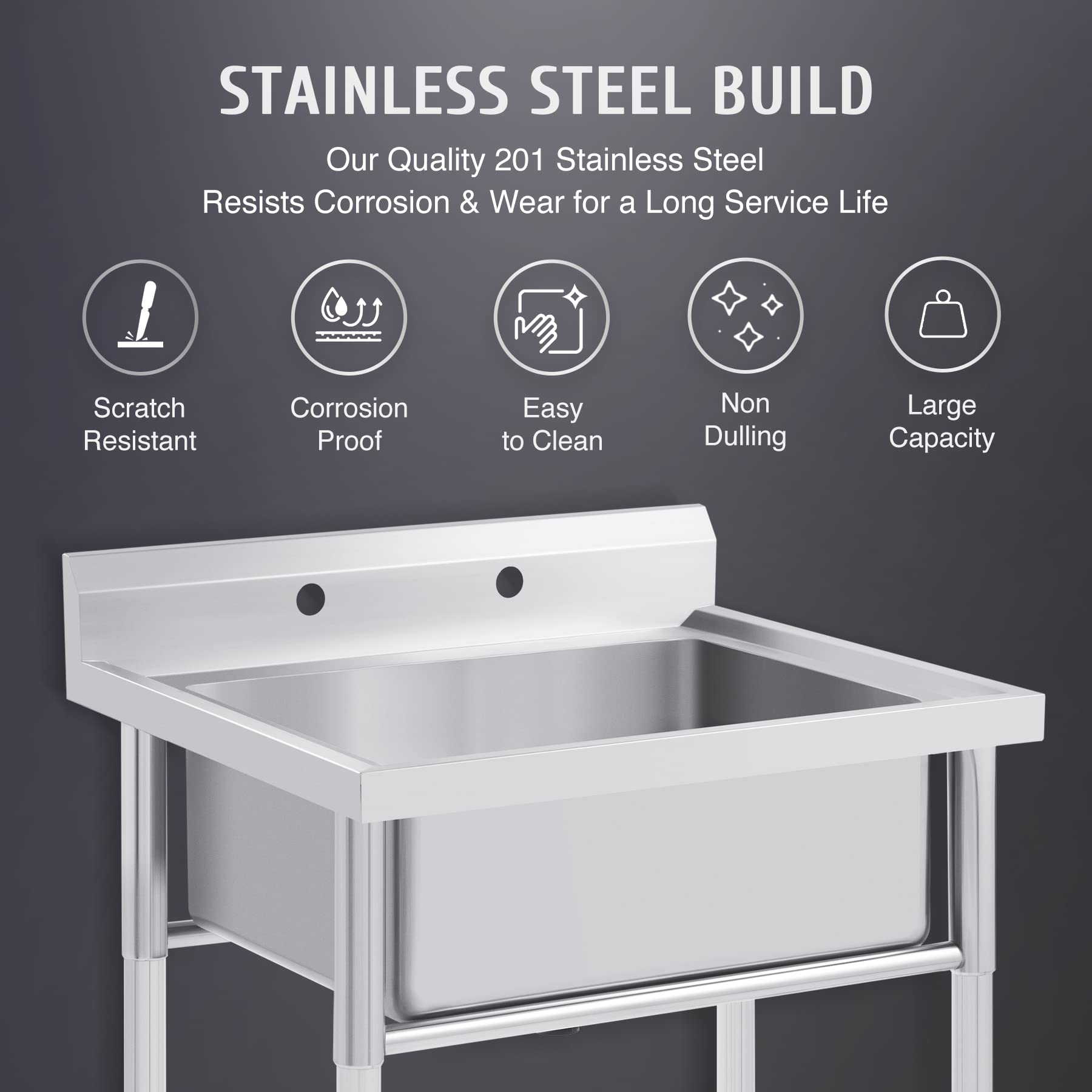 WILPREP Commercial Stainless Steel Sink, Free Standing Utility Single Bowl Restaurant Sink, Kitchen Prep & Utility Sink for Home, Garage, Bar, Laundry Room (1 Compartment,29" W x 25.2" D x 37.4" H)