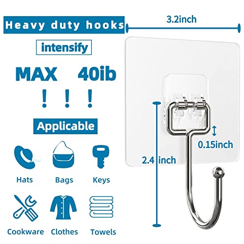 Apwzv Adhesive Hooks Kitchen Wall Hangers - 10 Pack Heavy Duty 40lb (Max) Nail Free Adhesive Hooks.Transparent Waterproof with Stainless Steel Hooks,Reusable Utility Towel Bathroom Ceiling Hooks.