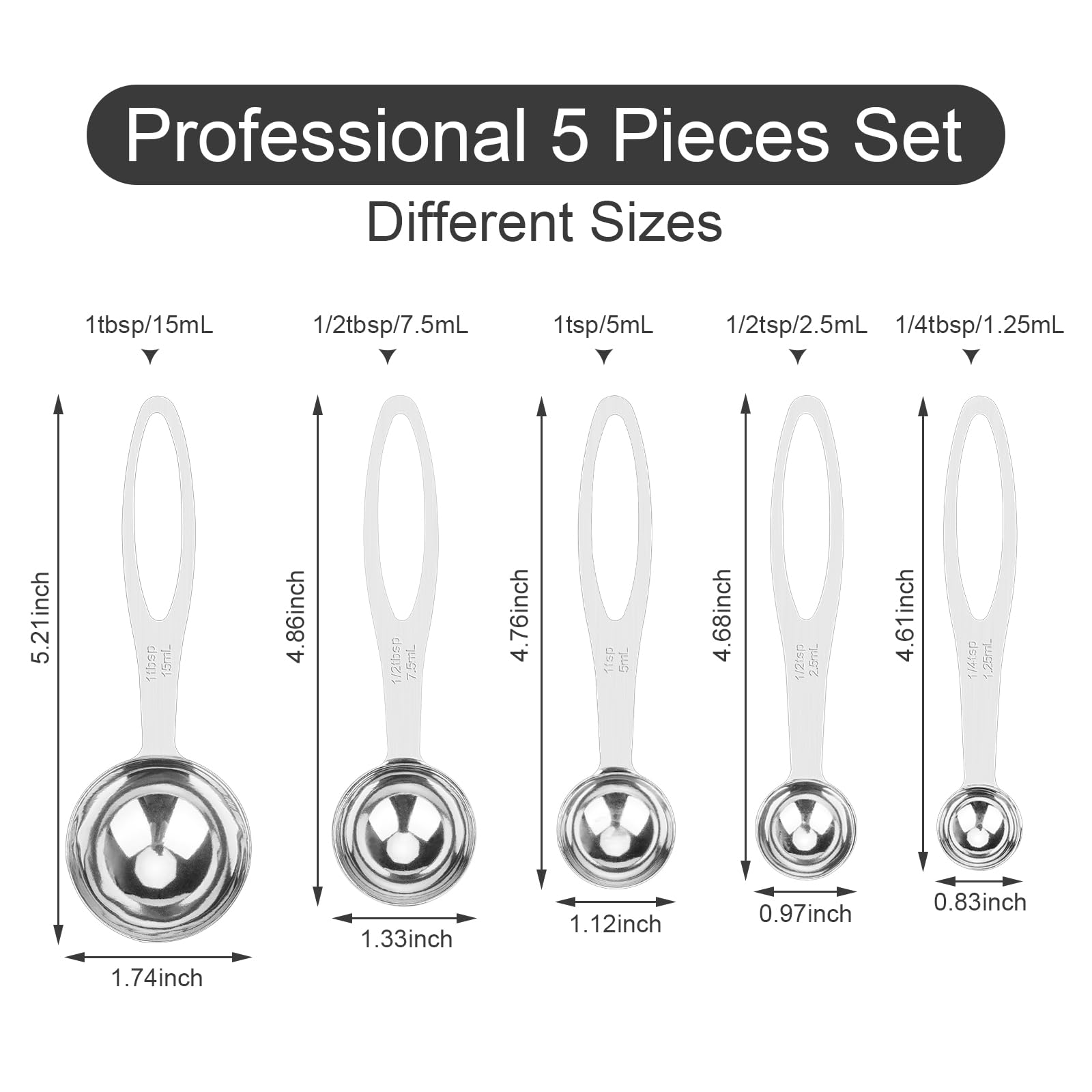 5pcs Measuring Spoon Set, Heavy Duty Stainless Steel Measuring Spoons for Cooking Baking, Tablespoon Teaspoon for Dry or Liquid Ingredients, Fits in Spice Jar, 1/4 1/2 1 tsp, 1/2 1 tbsp