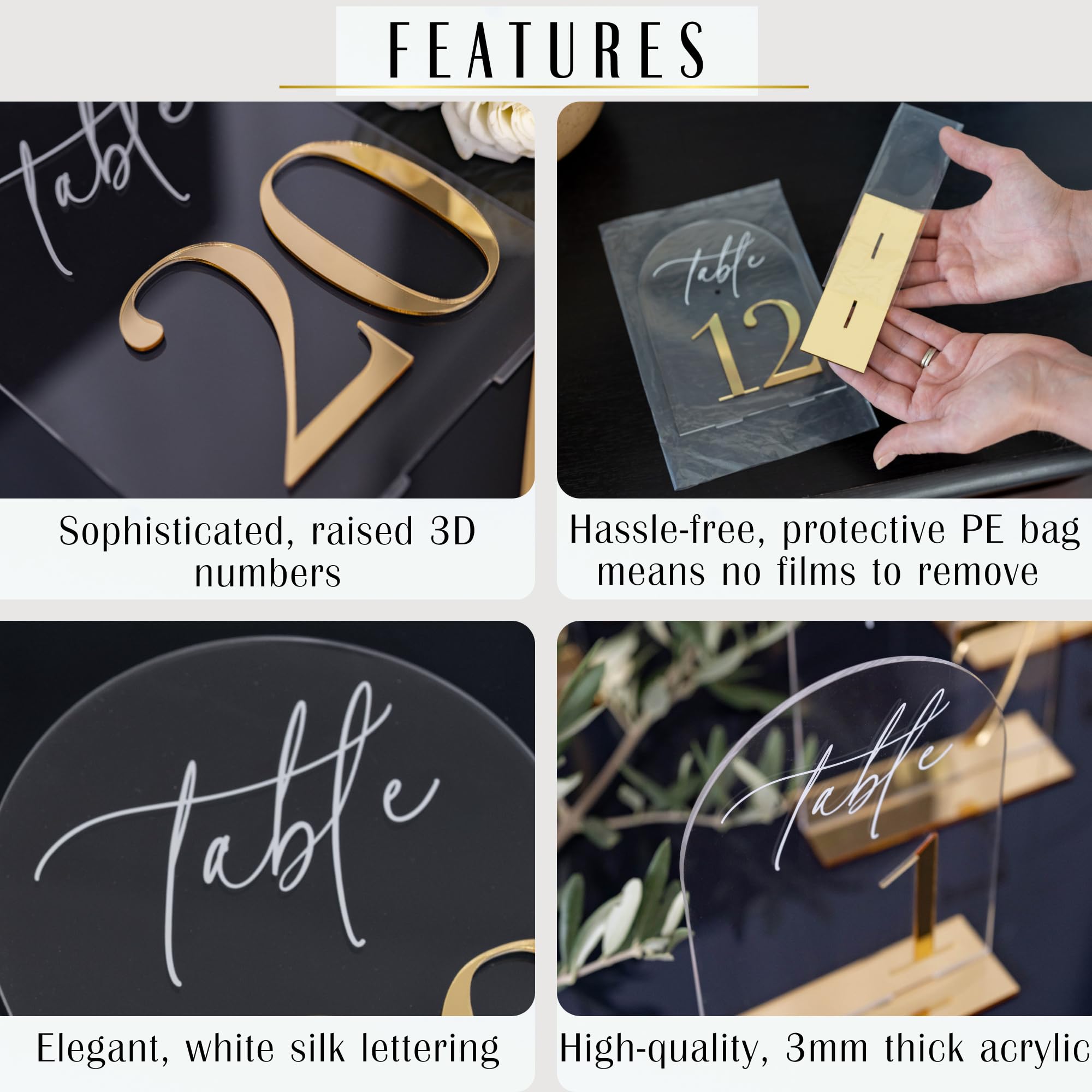 Acrylic Wedding Table Numbers 1-20 w/Stand, 5 x 7β Elegant Gold Table Numbers 1-20, Durable & Thick Table Number Signs, Acrylic Table Numbers 1-20 for Reception, Birthdays, Anniversary & More