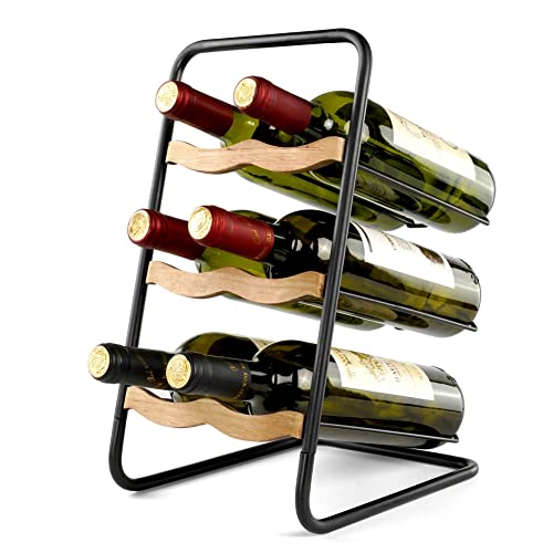 AQAREA Wine Racks Countertop(Iron&Wood) Rustic 3-Tier 6-Wine Bottles Holder Countertop Small Wine Bottle Storage Rack Stand