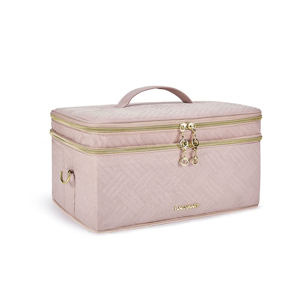 BAGSMART Large Makeup Bag, Double Layer Cosmetic Bag Travel Makeup Case Organizer with Shoulder Strap for Cosmetics Makeup Brushes Toiletries Travel Accessories (Medium, Pink)