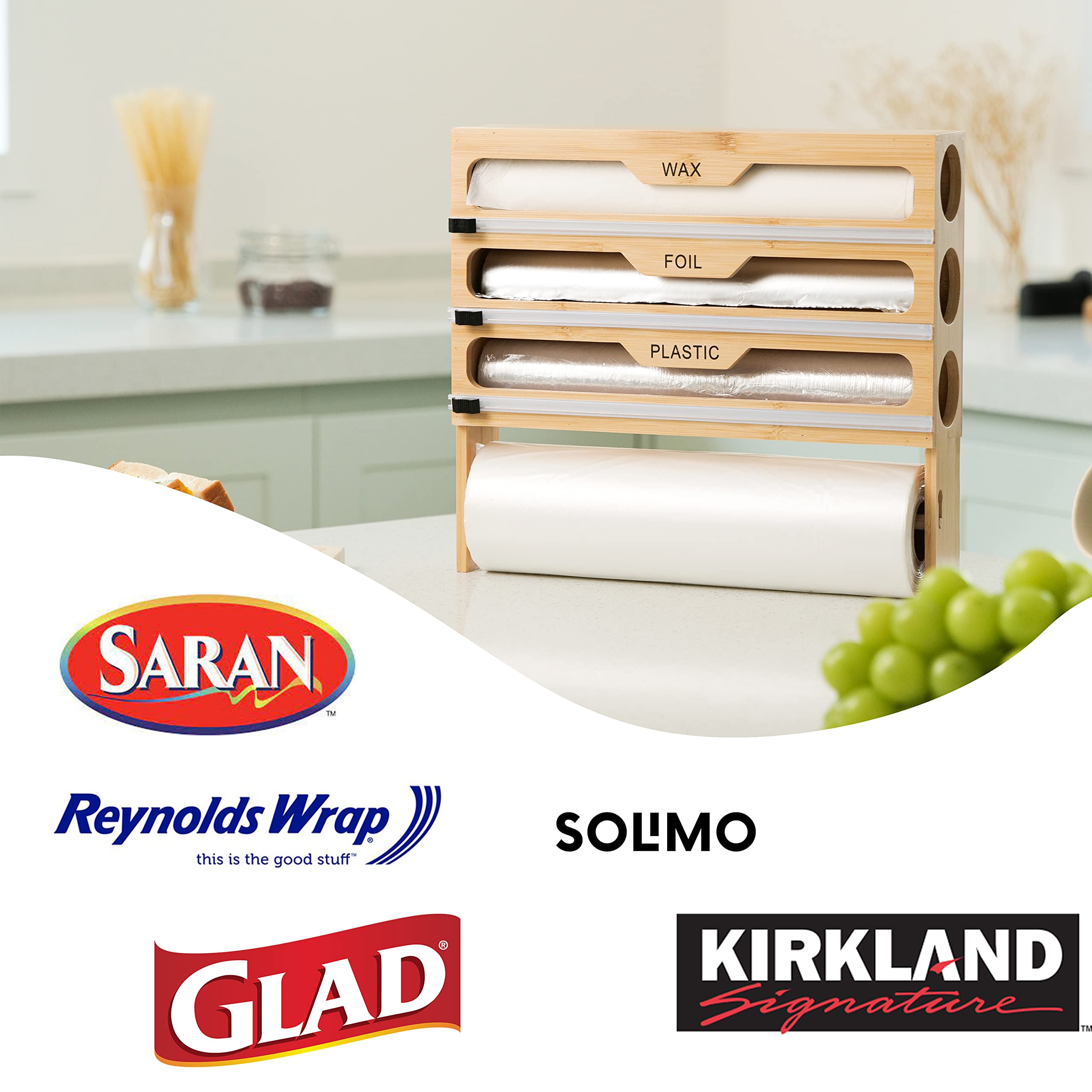 4-in-1 Wrap Dispenser with Slide Cutter - Plastic Wrap, Aluminum Foil, Wax Paper, Towel Roll, Roll Bag Holder Container for Kitchen Drawers - Compatible with 12" Width and Small Thickness Rolls