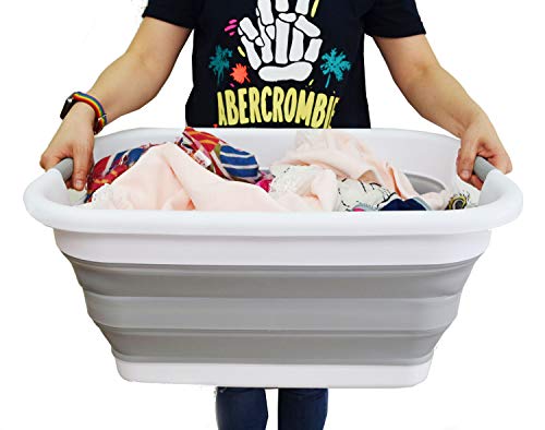 SAMMART 41L Set of 2 Collapsible Plastic Laundry Basket - Foldable Pop Up Storage Container/Organizer - Portable Washing Tub - Space Saving Hamper/Basket (2, White/Grey)