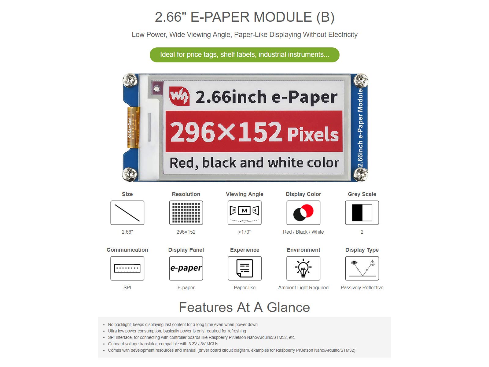 Waveshare 2.66inch E-Paper E-Ink Display Module Compatible with Raspberry Pi 4B/3B+/3B/2B/B+/A+/Zero/Zero W/WH/Zero 2W Series Boards 296×152 Pixels Red/Black/White Three-Color SPI Interface