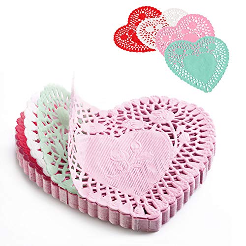 RIVCOIM Paper Hearts for Crafts 4 inch 100 pcs, Heart Paper Doilies, Valentines Day, Paper Lace Doilies, Heart Cutout for Home Activities and Decorations Colors Red, Pink, White, and Blue
