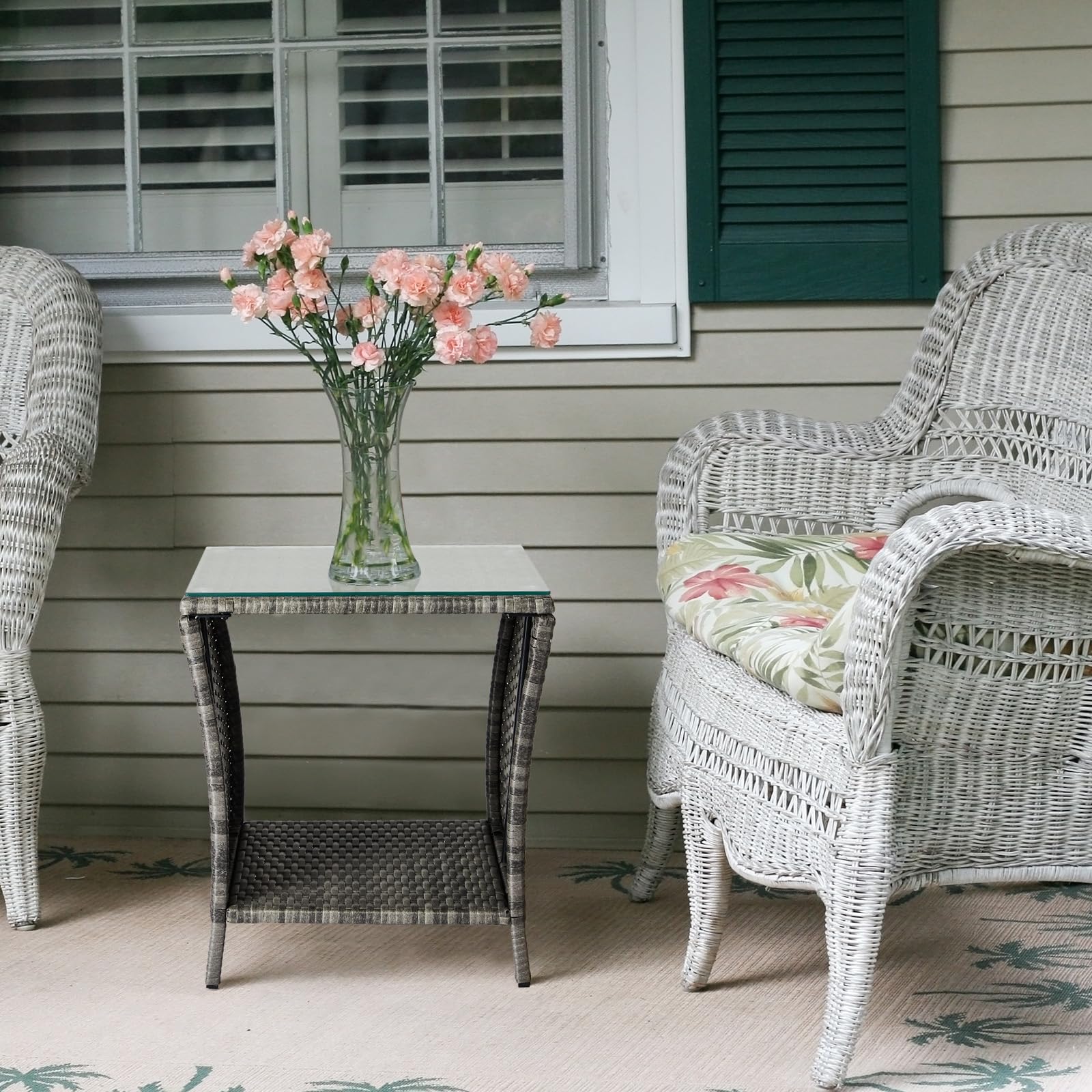HEPMIMZHU Outdoor Patio Wicker Side Table, Square End Table Bistro Coffee Table with Glass Top Storage Shelf for Porch Garden Backyard Rattan End Table Furniture with Storage (Light Grey)