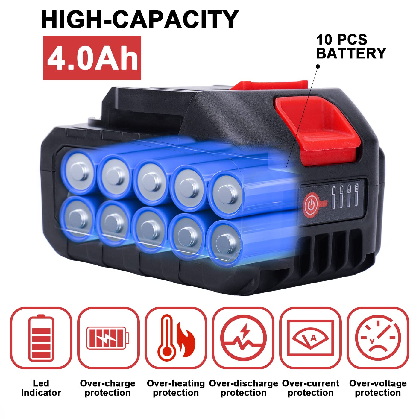 SHINTYOOL 21V Lithium Battery with Electric Quantity Display, 4.0 Ah Battery with Charger Adapter Led Indicator Compatible with Leaf Blower and Mini Saw