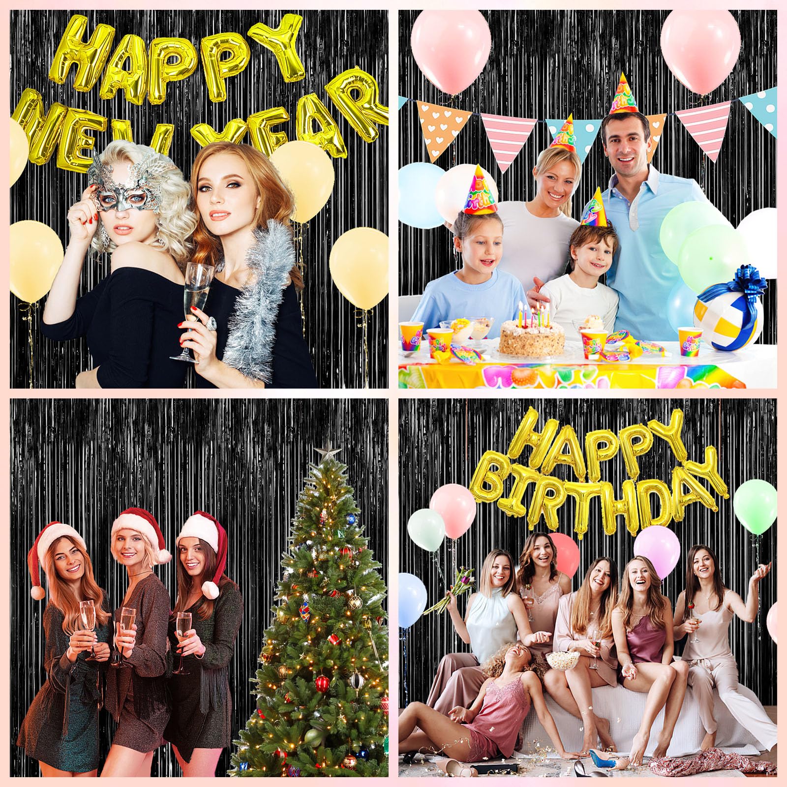 4-Pack Backdrop for Party Decorations, Foil Fringe Backdrop Curtains, Tinsel Streamers for Birthday Party Decorations, Black Tinsel Curtains for Halloween Bachelorette Prom Disco Hollywood Theme Party