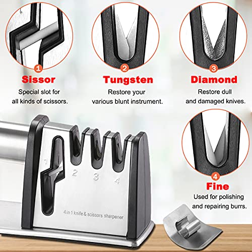 Knife Sharpeners, Best 4 in 1 Manual Kitchen Knives & Scissor Sharpeners, 4 - Stage Knife Sharpening System with Diamond Steel, Ceramic Stone, Ergonomic Design, Non-slip Base(Black)