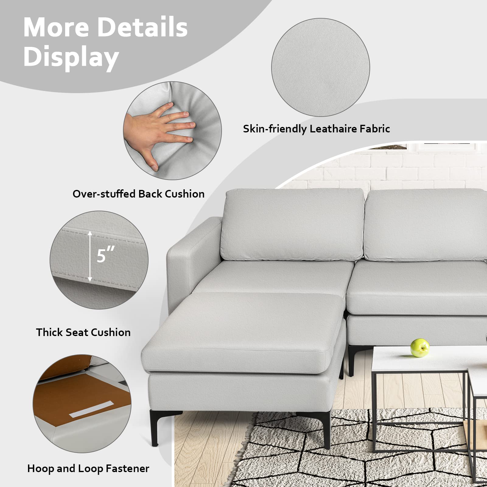 Giantex 94.5" L Convertible Sofa Couch, 3 Seat Sectional Sleeper with USB Ports & Socket, Reversible Chaise Lounge, Storage Box, L-Shaped Modular Sofa for Living Room Bedroom Office, Light Grey