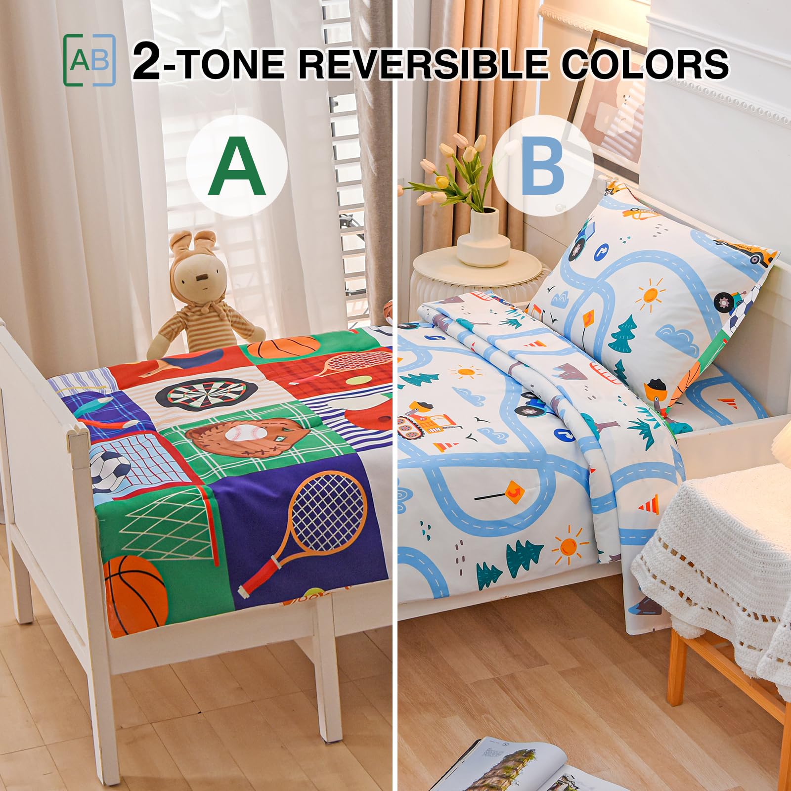 A Nice Night Sports Patchwork for Boys Basketball Baseball Gloves Racket Soccer Toddler Bedding Set,Includes Comforter, Flat Sheet, Fitted Sheet and Pillowcase,with Game Printed Lining